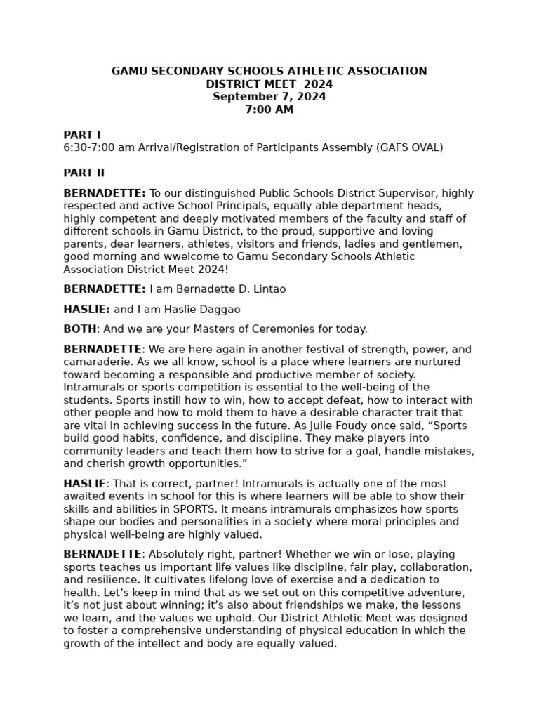 Script For District Intramurals 2024 | PDF