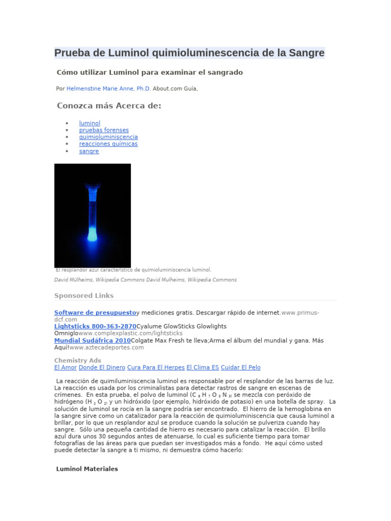Prueba de Luminol Quimioluminescencia de La Sangre | PDF | Fluorescencia | Química
