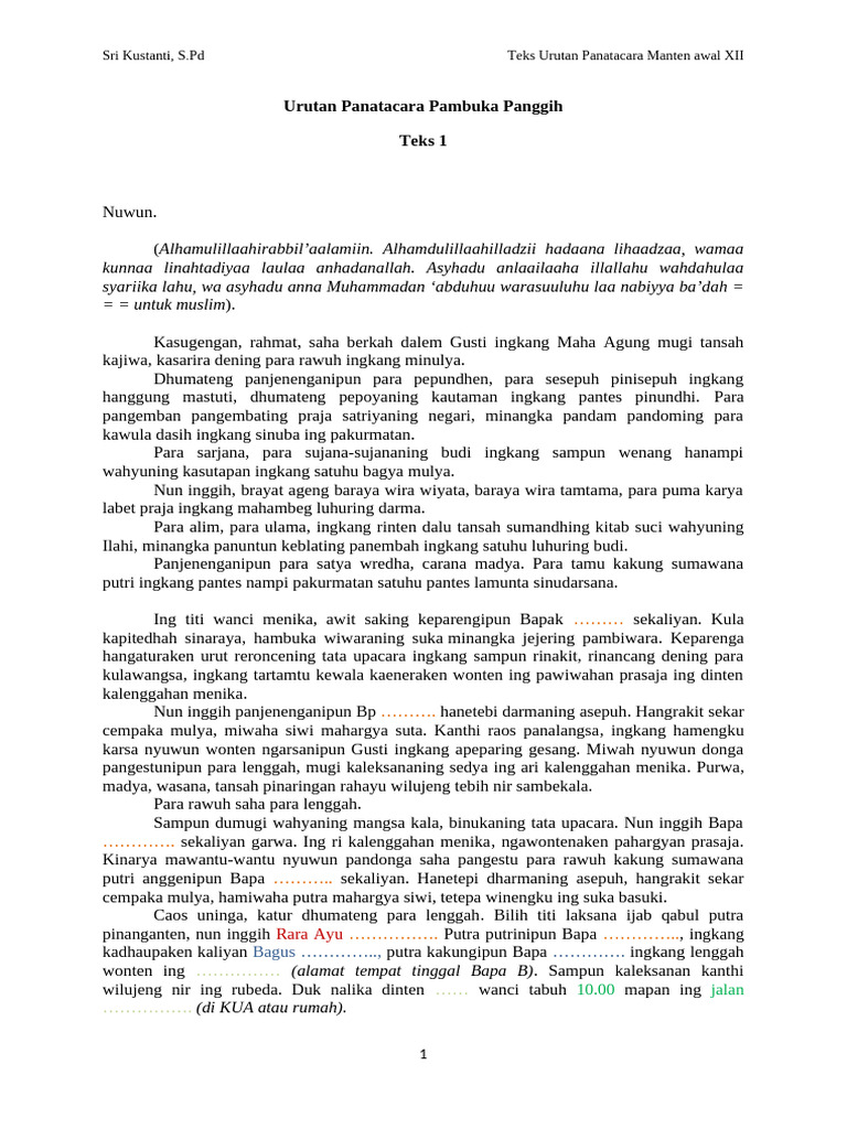 Panatacara Manten (Awal) Xii Teks 1 | PDF