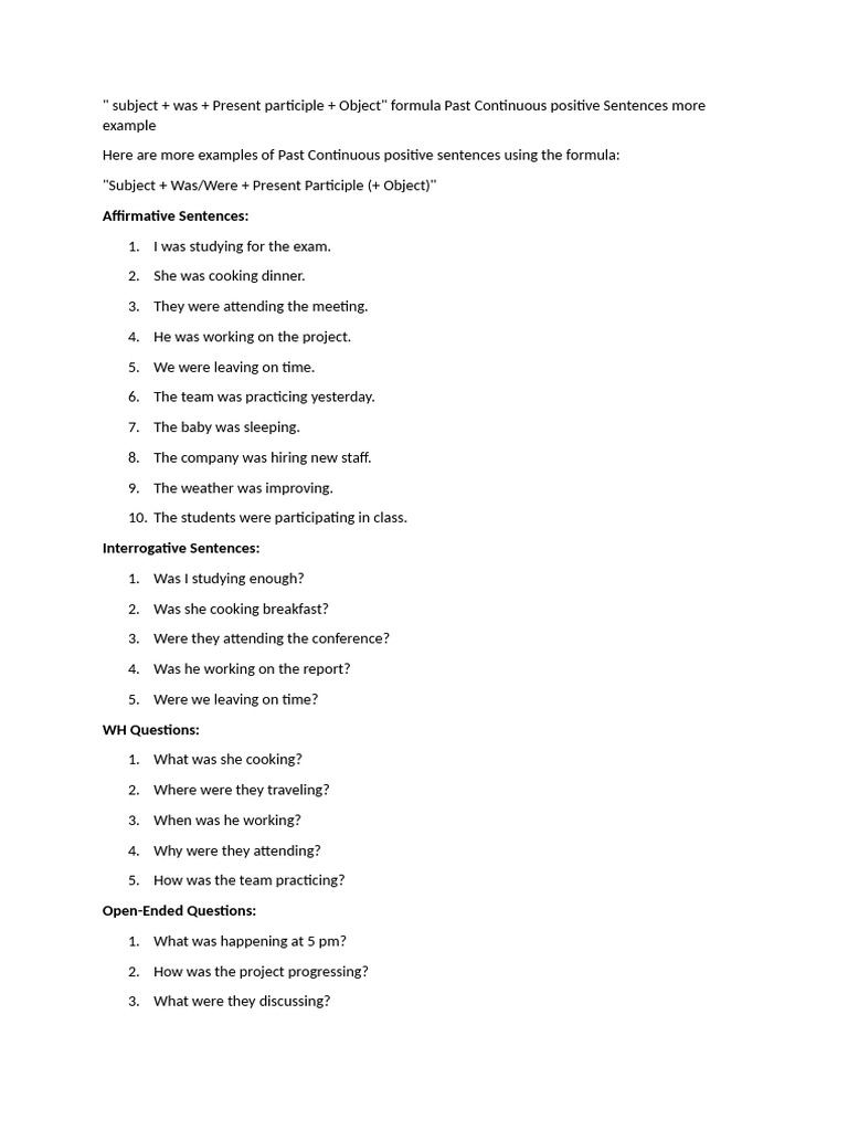 Past Continuous Tense Examples | PDF | Question | Verb