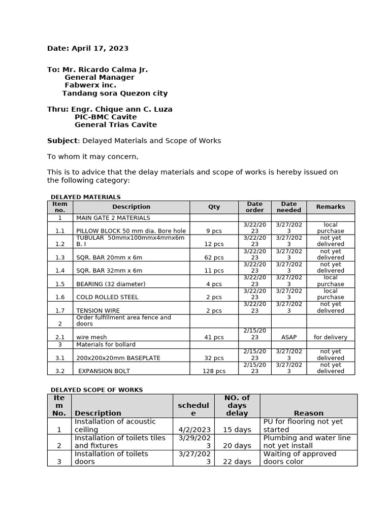 Project Material & Work Delays | PDF | Building Engineering | Building ...