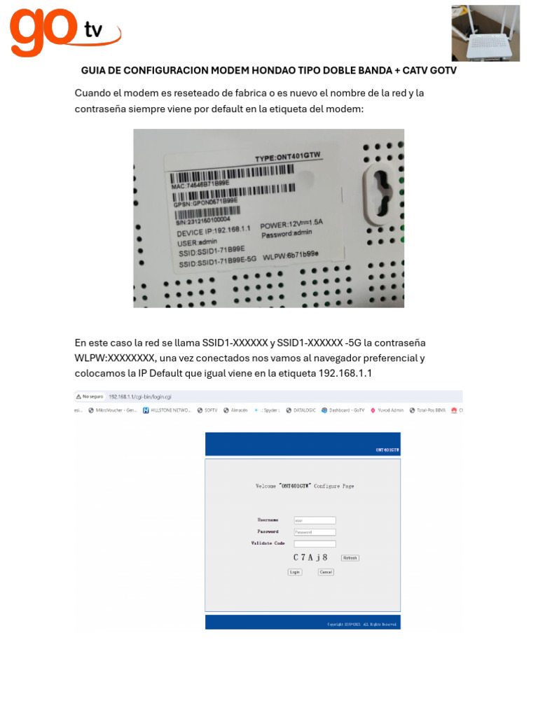 GUIA DE CONFIGURACION MODEM HONDAO TIPO DOBLE BANDA GOTV_CATV SUCURSALES | PDF | Contraseña ...