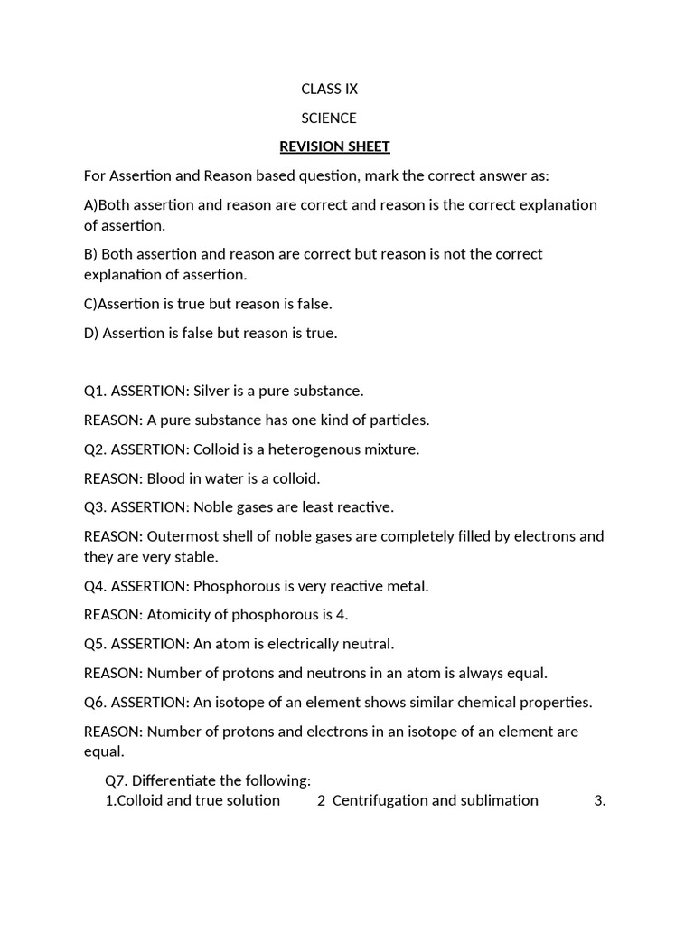 Class IX, Chemistry Revision sheet | PDF | Atoms | Chemical Elements