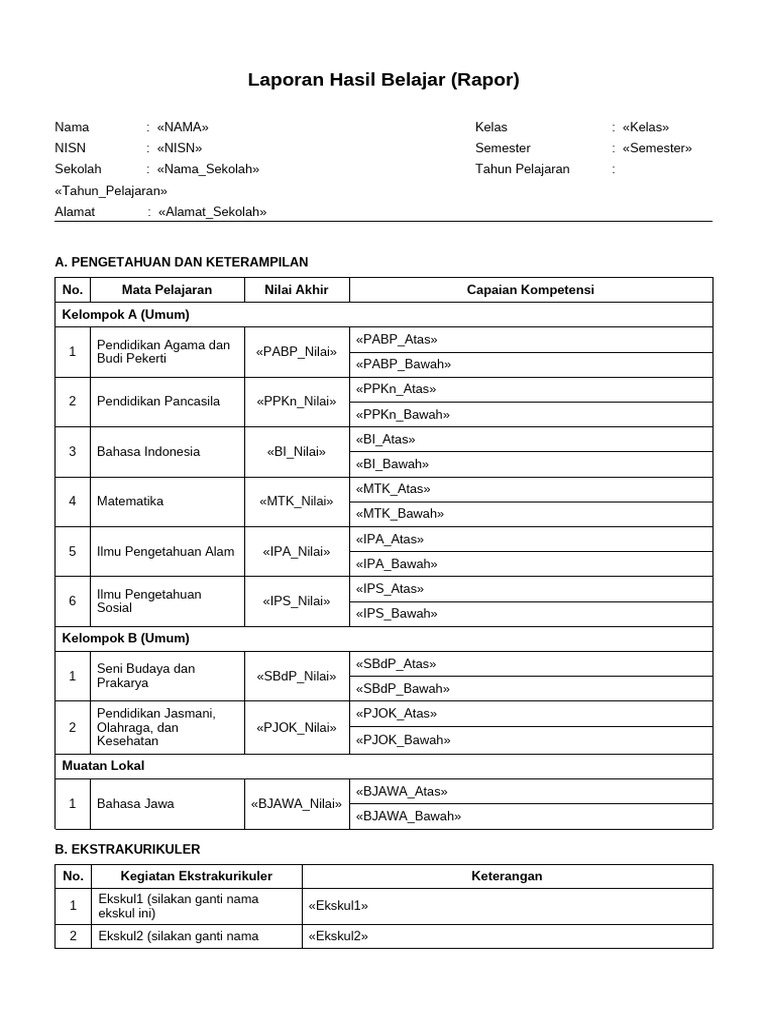 Form Rapor K13 2022 | PDF