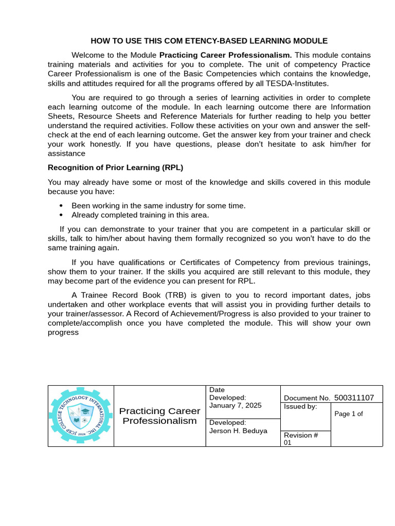 PRACTICING CAREER PROFESSIONALISM | PDF | Cognition | Social Psychology