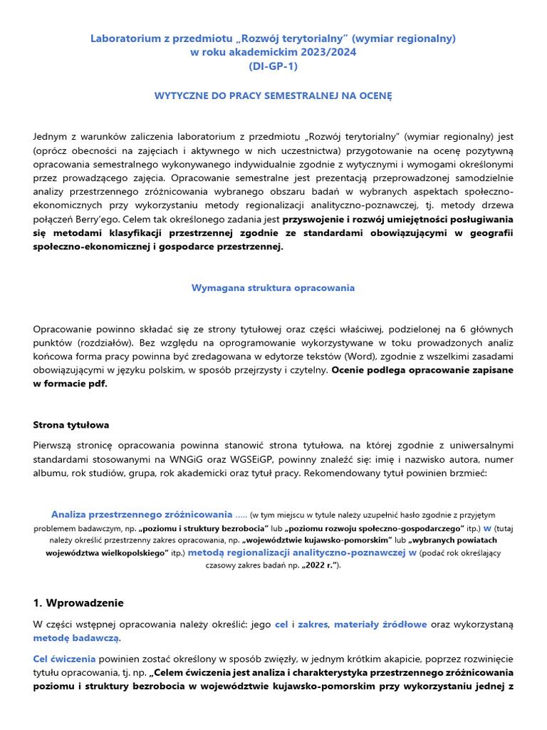 Wytyczne Do Pracy Zaliczeniowej - REGIONALIZACJA 2024 | PDF