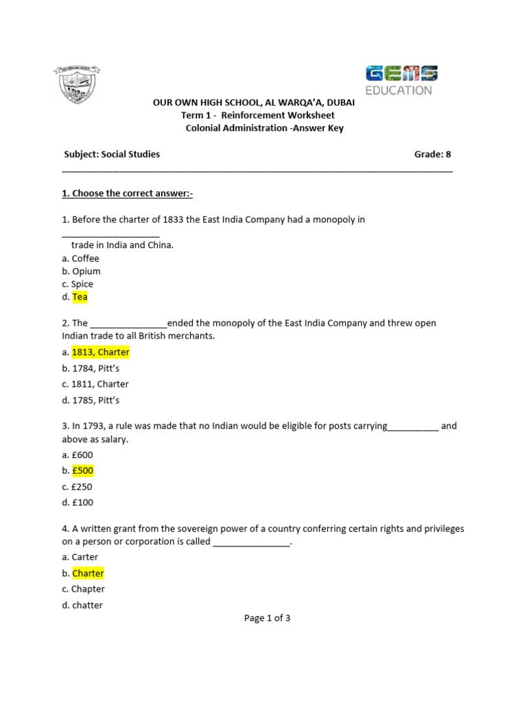 Term1 Revision Worksheet Answer Key - Colonial Administration | PDF ...