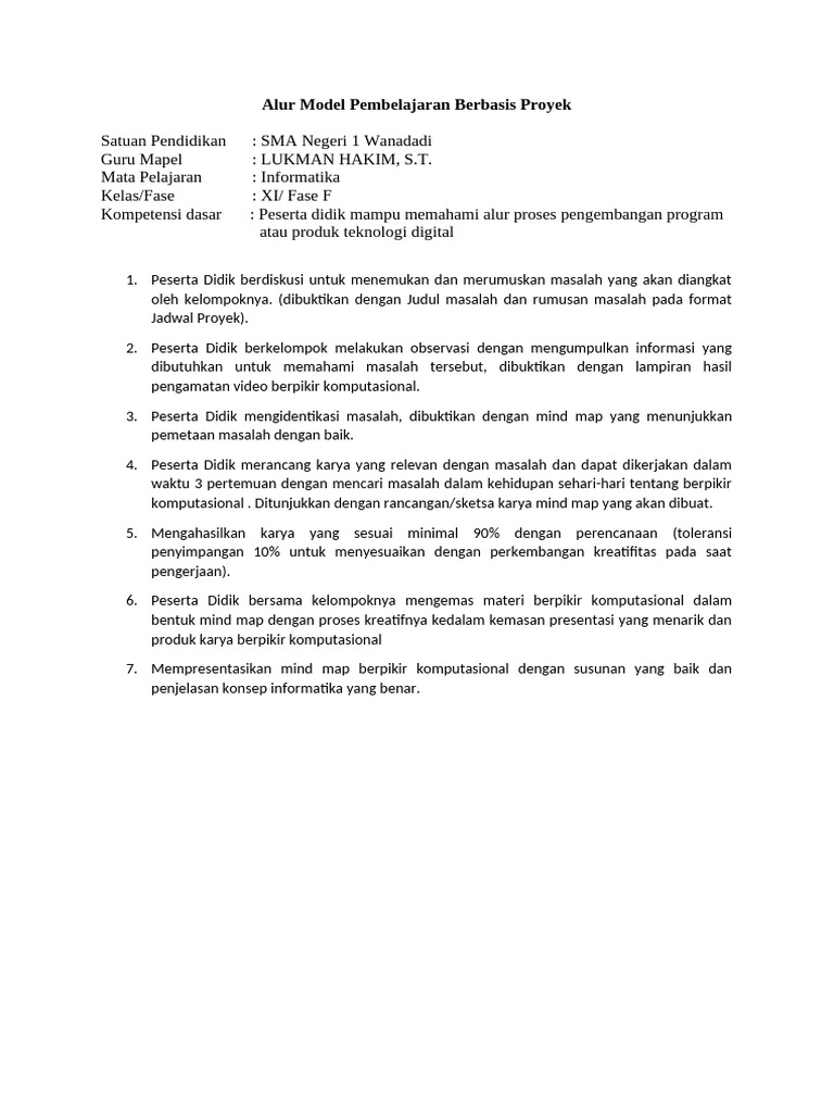 Alur Model Pembelajaran Proyek LUKMAN HAKIM | PDF