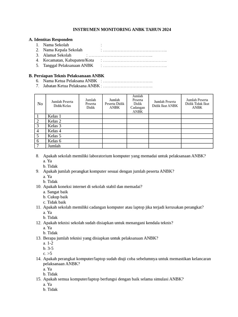 Instrumen Monev Anbk Tahun 2024 | PDF