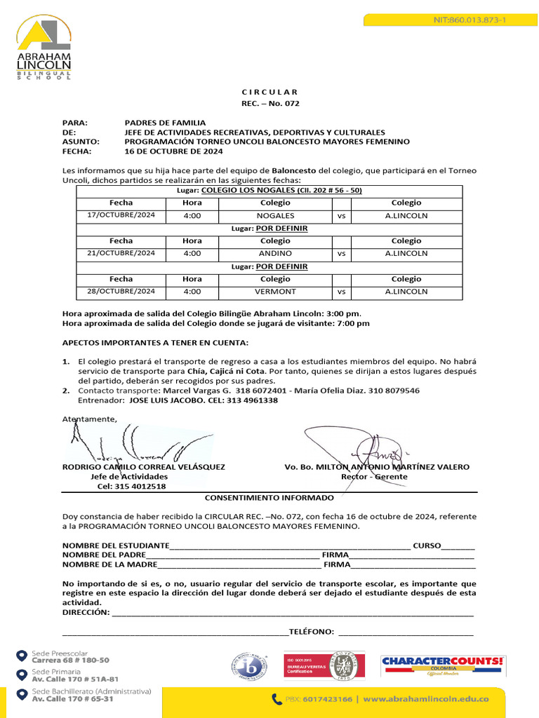 Circular 072 Programacion Torneo Uncoli Baloncesto Mayores Femenino | PDF