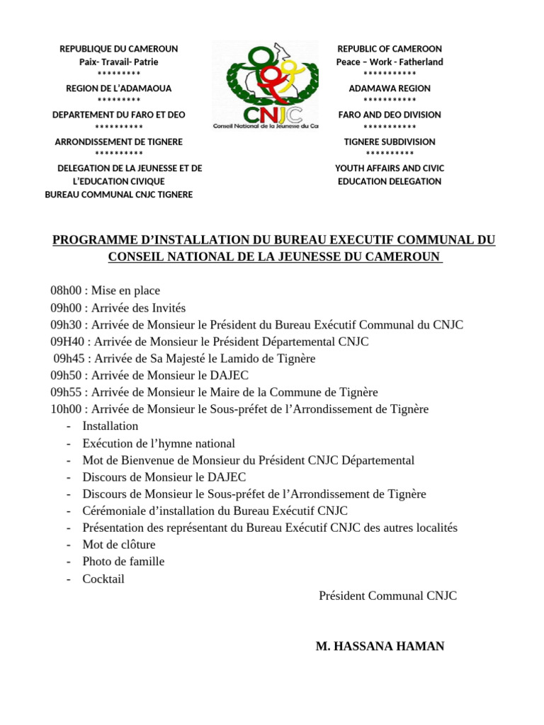 Installation du Bureau CNJC à Tignère | PDF