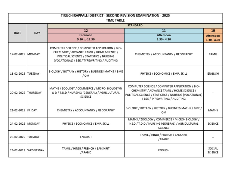 2nd Revision Exam Time Table 2025 | PDF | Science
