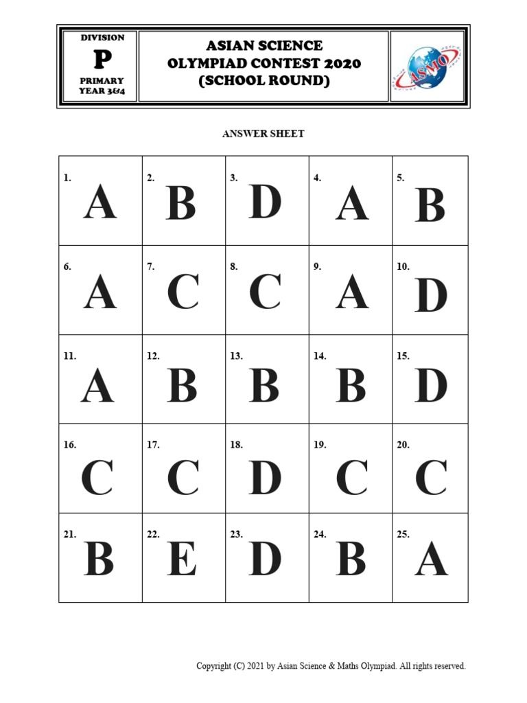 ASMO 2020.level 1 (Year 3 - 4) - KEY | PDF