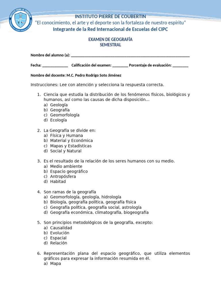 Examen Semestral de Geografía CIPC | PDF | Tierra | Roca (geología)
