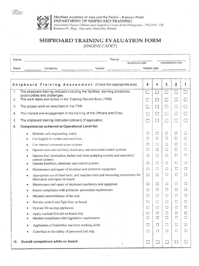 Shipboard Training Evaluation Form - ENGINE CADET | PDF