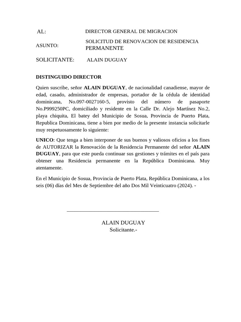 Solicitud de Renovación de Residencia | PDF
