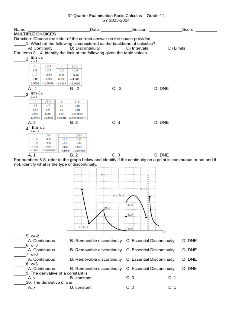 Grade 11 Basic Calculus Exam Q3 | PDF | Function (Mathematics ...