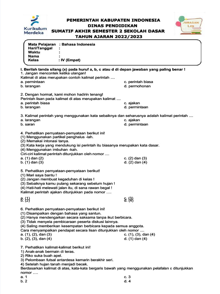 PDF Soal Pat Bahasa Indonesia Kelas 4 Semester 2 Kurikulum Merdeka Ta 2022 2023 - Compress | PDF