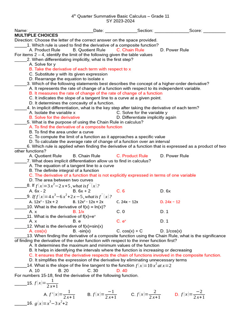 Basic Calculus Exam 4th Quarter | PDF | Derivative | Function (Mathematics)