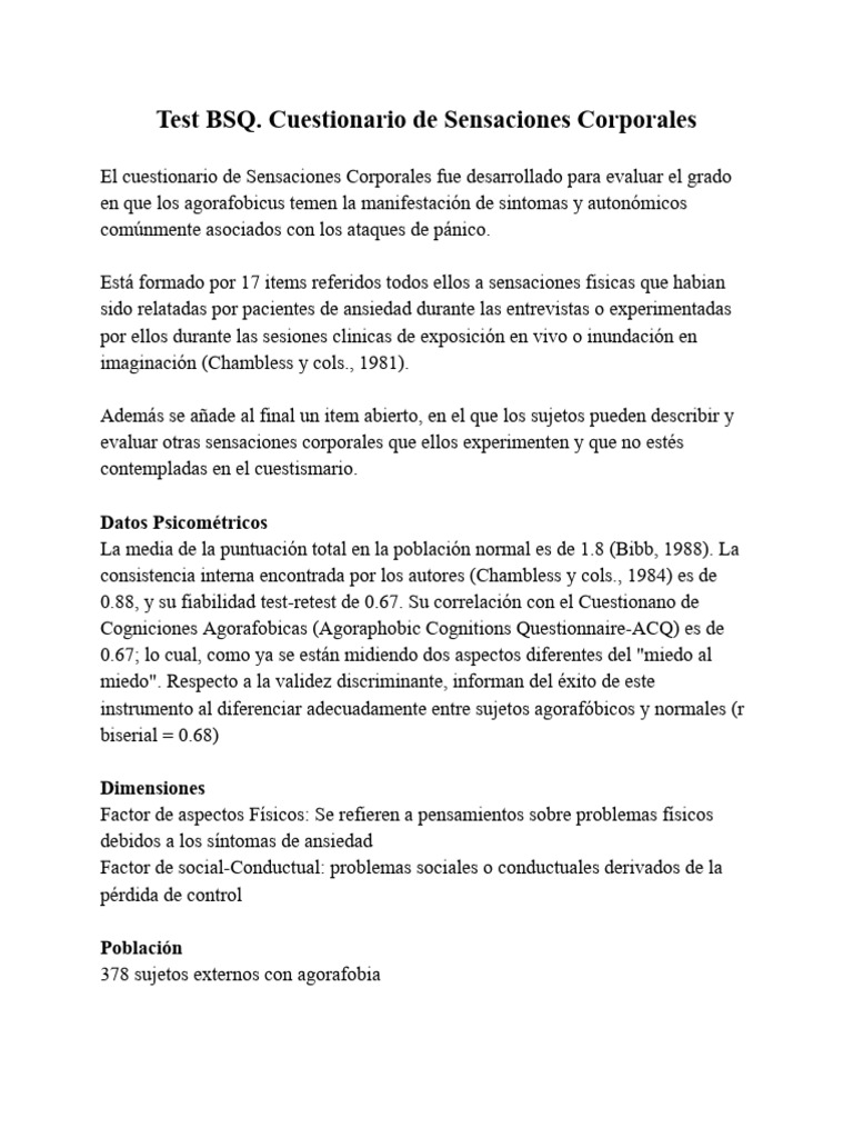 Test BSQ | PDF | Ansiedad | Agorafobia