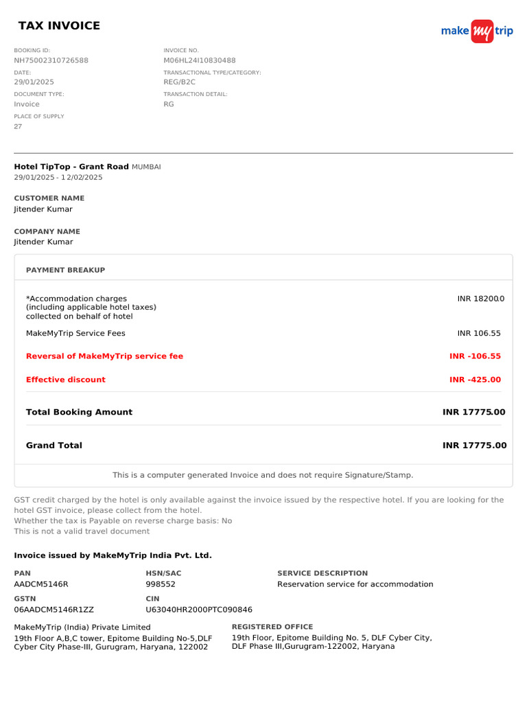 Tax Invoice: Hotel Tiptop - Grant Road | PDF