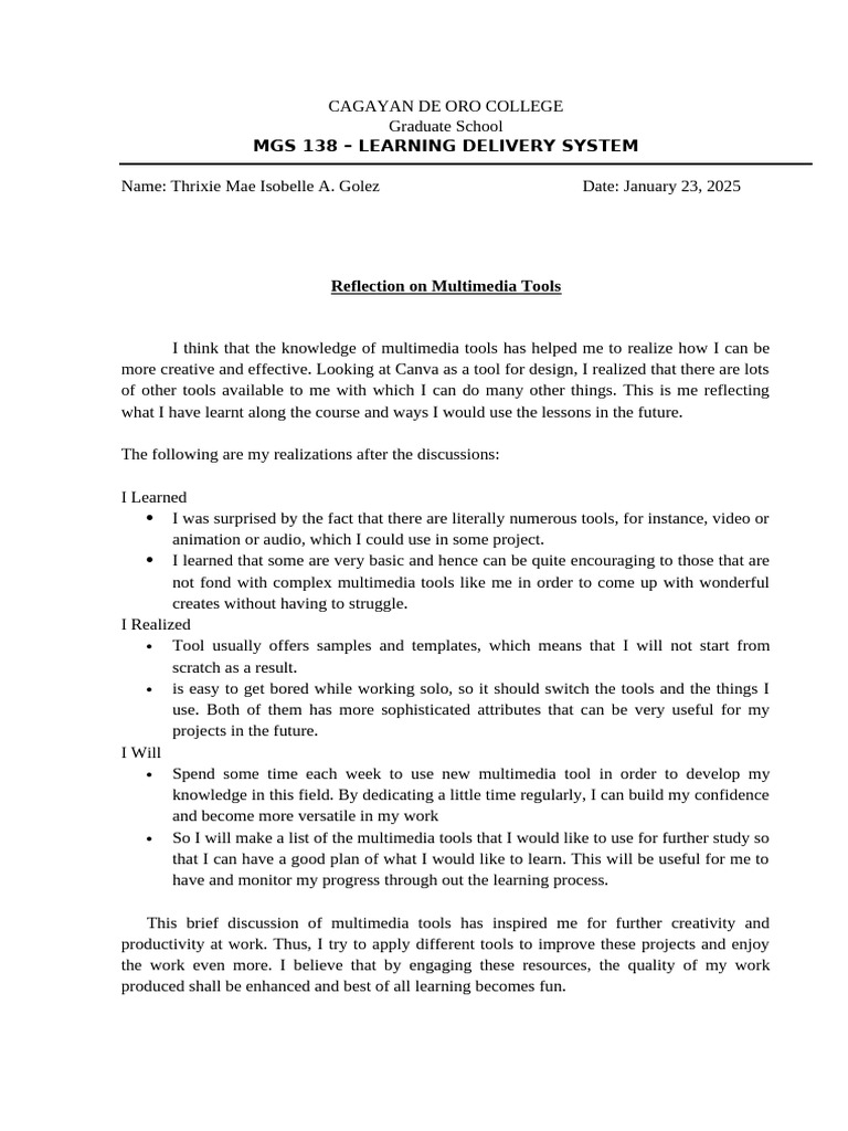 Reflection on Multimedia Tools | PDF