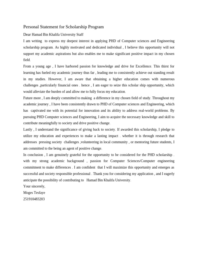 Personal Statement For Scholarship Program | PDF