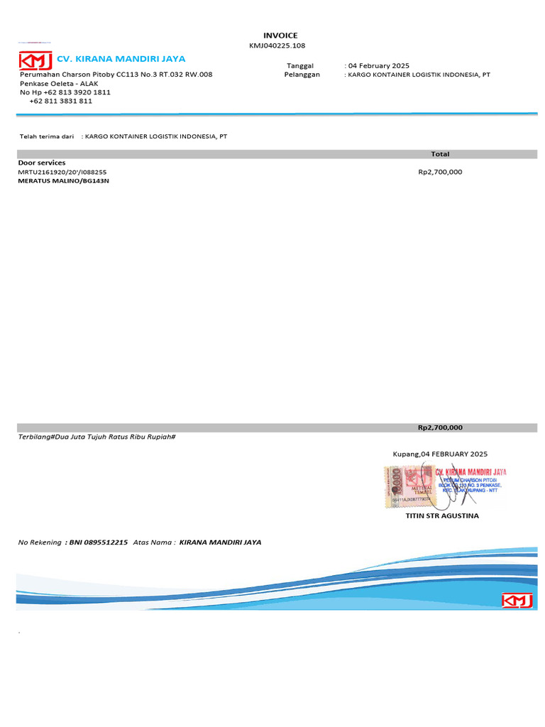 Invoice Kargo Kontainer Logistik Indonesia, PT.M Malino 143 | PDF