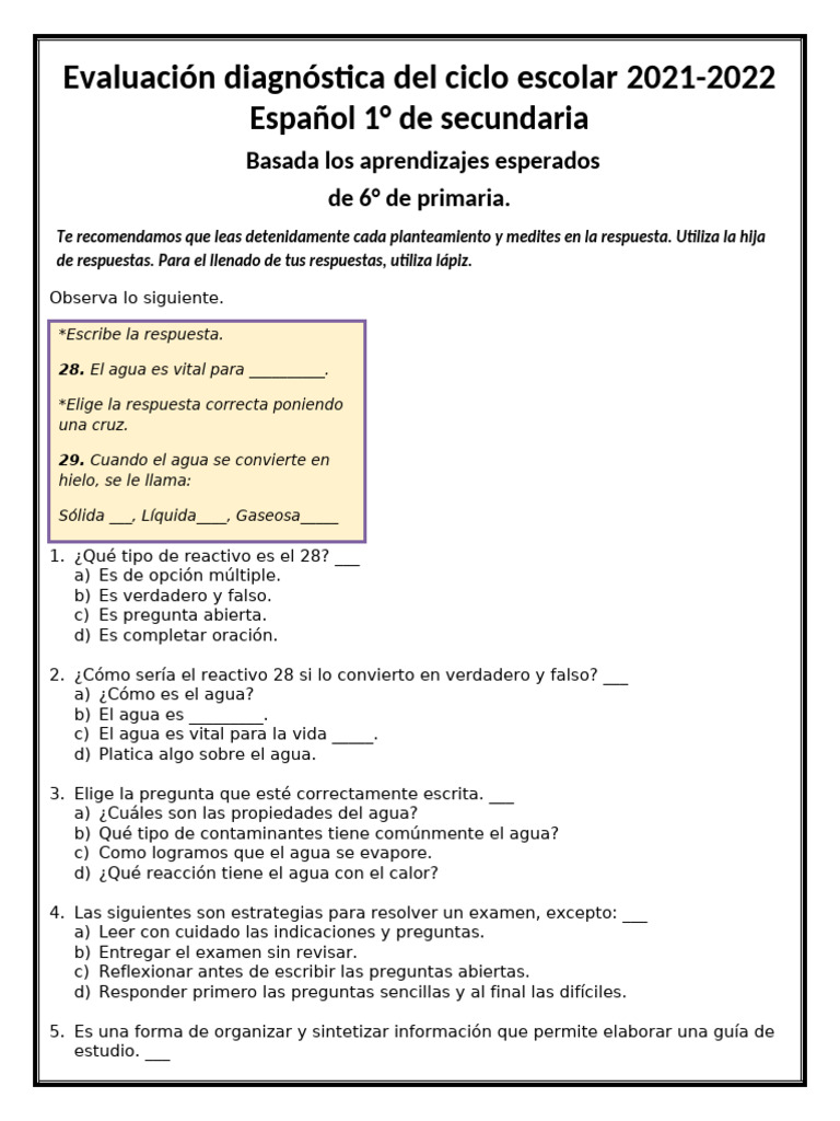 Diagnóstico Español 1° Alumno | PDF