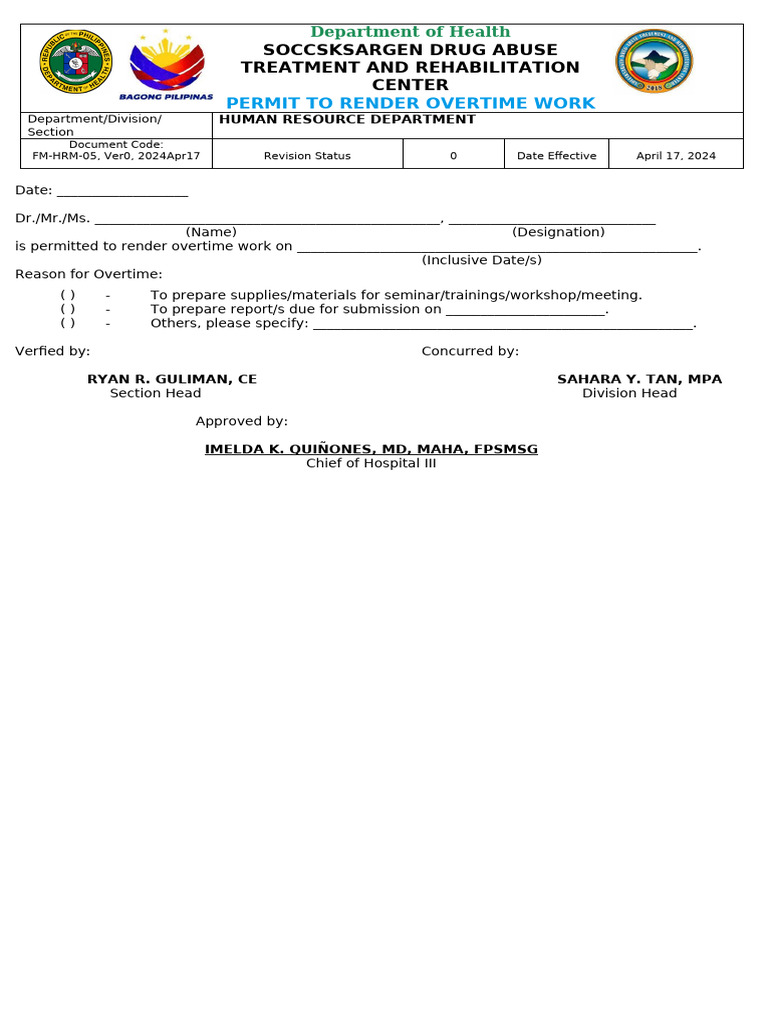 Overtime Permit for HR Tasks | PDF