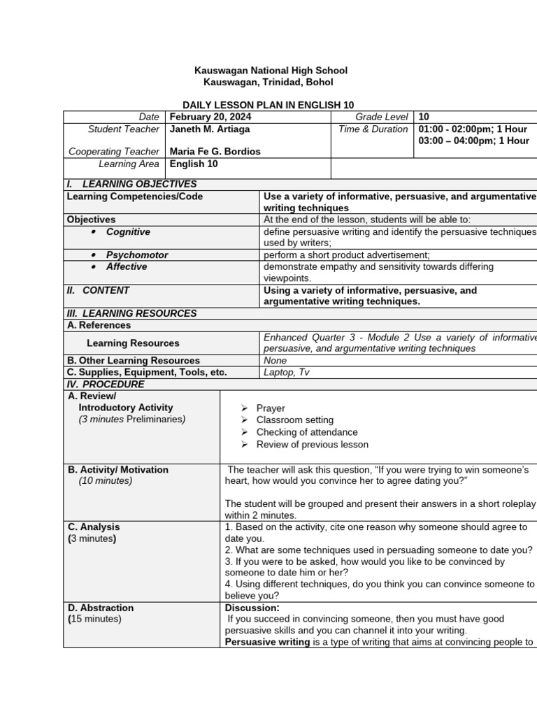 Lesson Plan about persuasive essay | PDF | Rhetoric | Essays