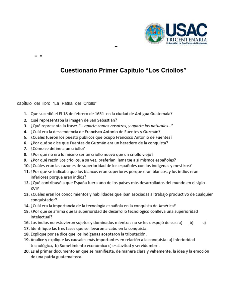 Cuestionario PRIMER CAPITULO La Patria Del Criollo | PDF | Guatemala