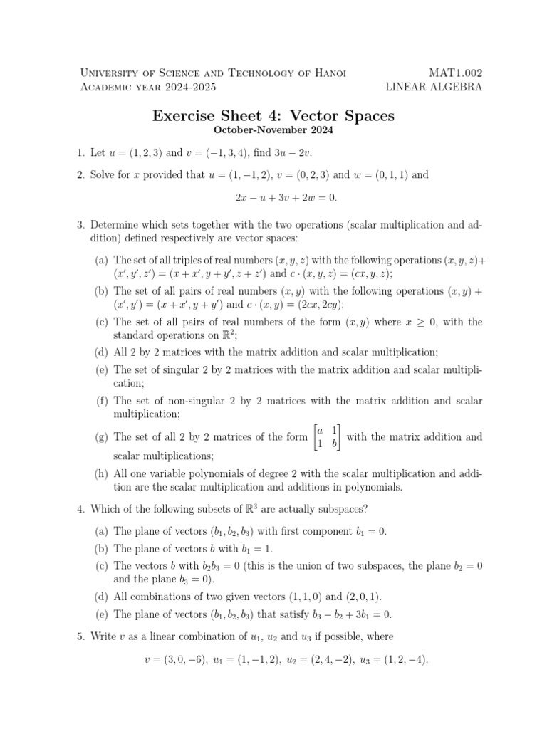 Exercise Sheet 4 - Vector Spaces | PDF | Linear Subspace | Vector Space