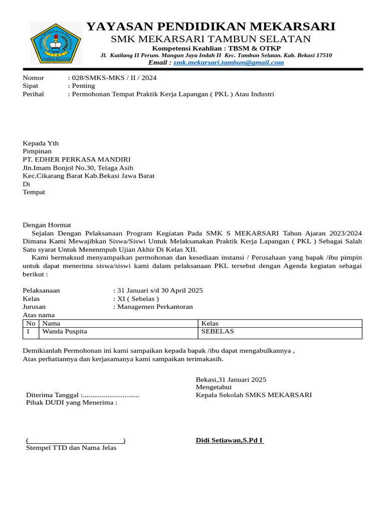 Surat Permohonan PKL 1 | PDF