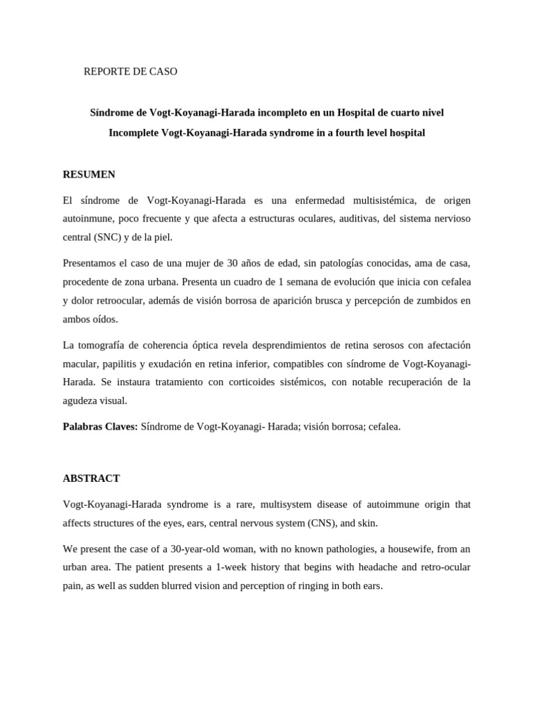 Reporte Caso Vogt Koyanagi Harada | PDF | Enfermedad celíaca | Percepción visual