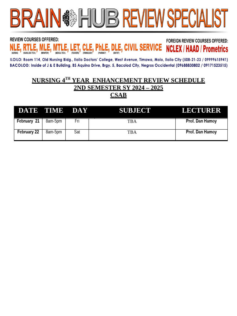 Csab Bsn 4 Review Schedule Sy 2024 2025 | PDF