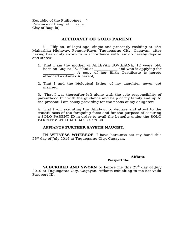Affidavit of Solo Parent MJ | PDF