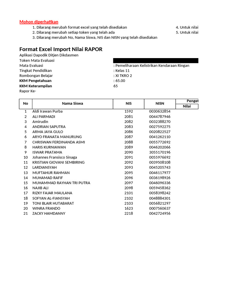Format Nilai Rapor 20211 XI_TKRO_2 Pemeliharaan Kelistrikan Kendaraan Ringan | PDF