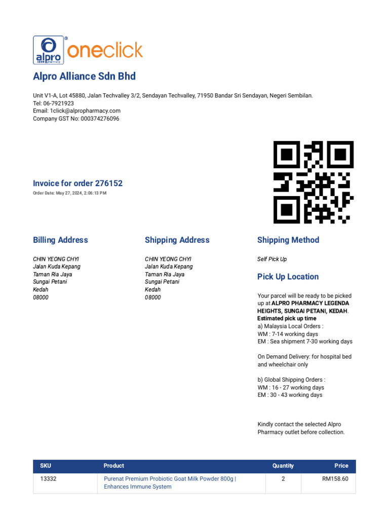 Alpro Pharmacy - Invoice 276152 | PDF