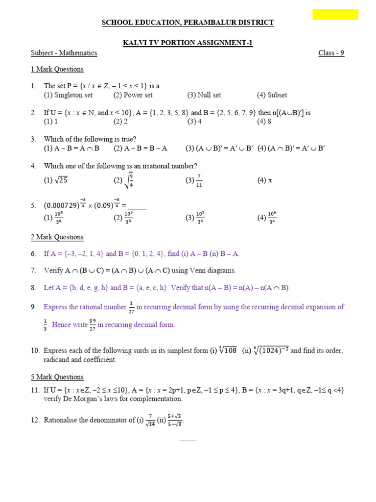 9th Maths Kalvi TV Assignment-Em | PDF