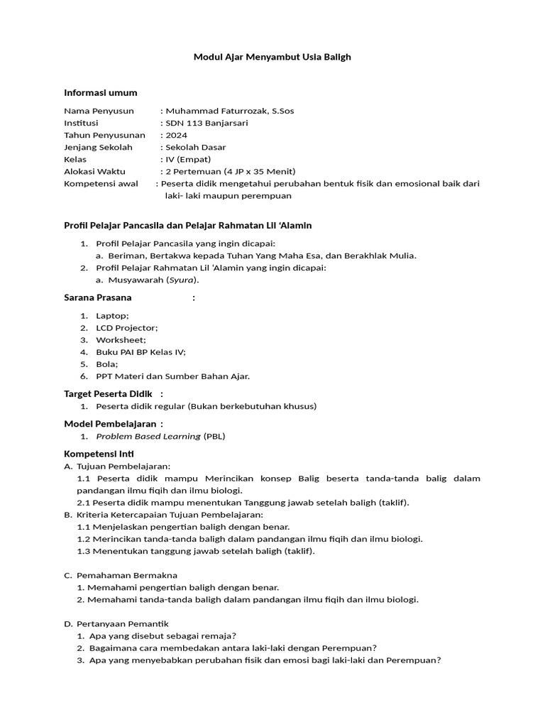 Modul Ajar Pai Model PBL | PDF