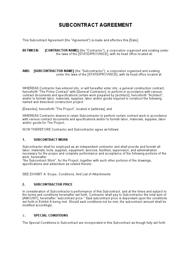 Subcontract Agreement - Generic | PDF | General Contractor | Arbitration