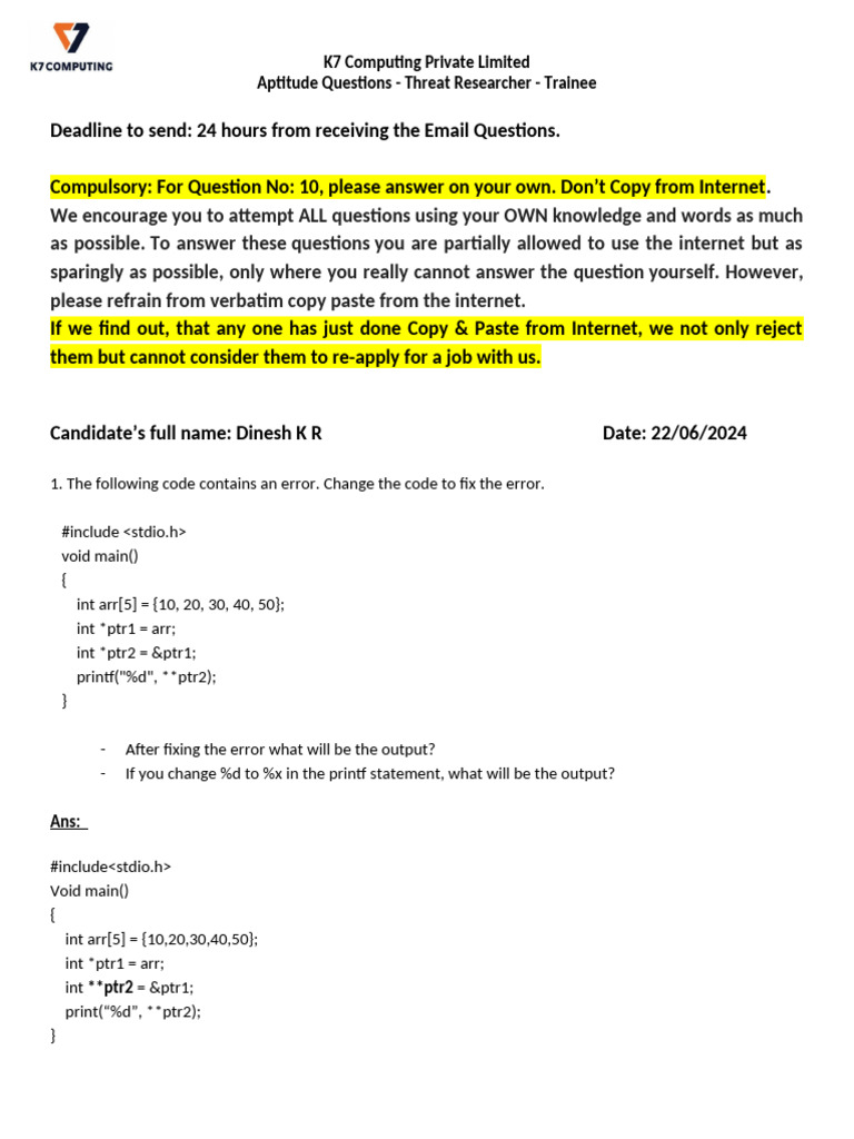 Aptitude Questions - Threat Researcher - Trainee | PDF | Computer Programming | Computing