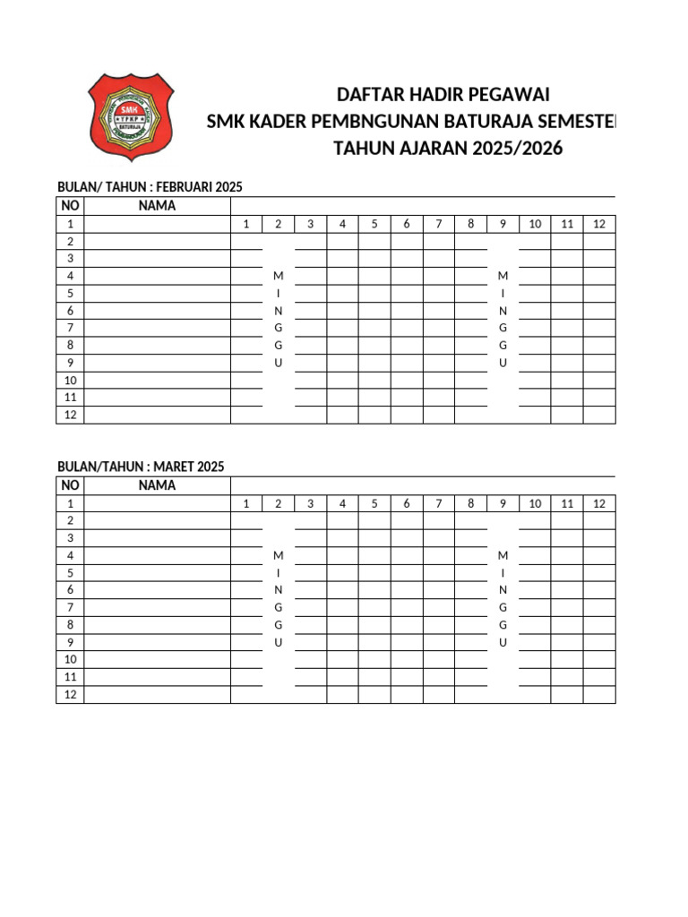 Daftar Hadir Smk Kader | PDF