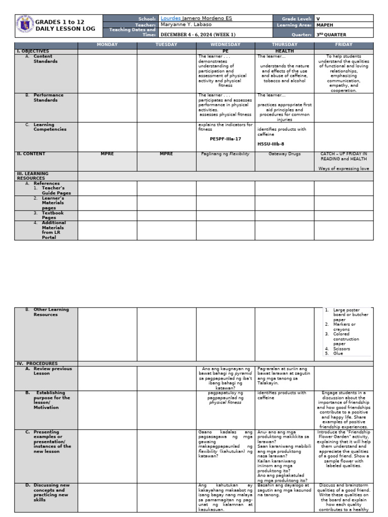 DLL - Mapeh 5 - Q3 - W1 | PDF
