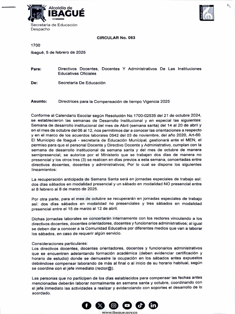 Circular 063 Directrices para La Compensación Calendario Escolar de Tiempo Vigencia 2025 | PDF