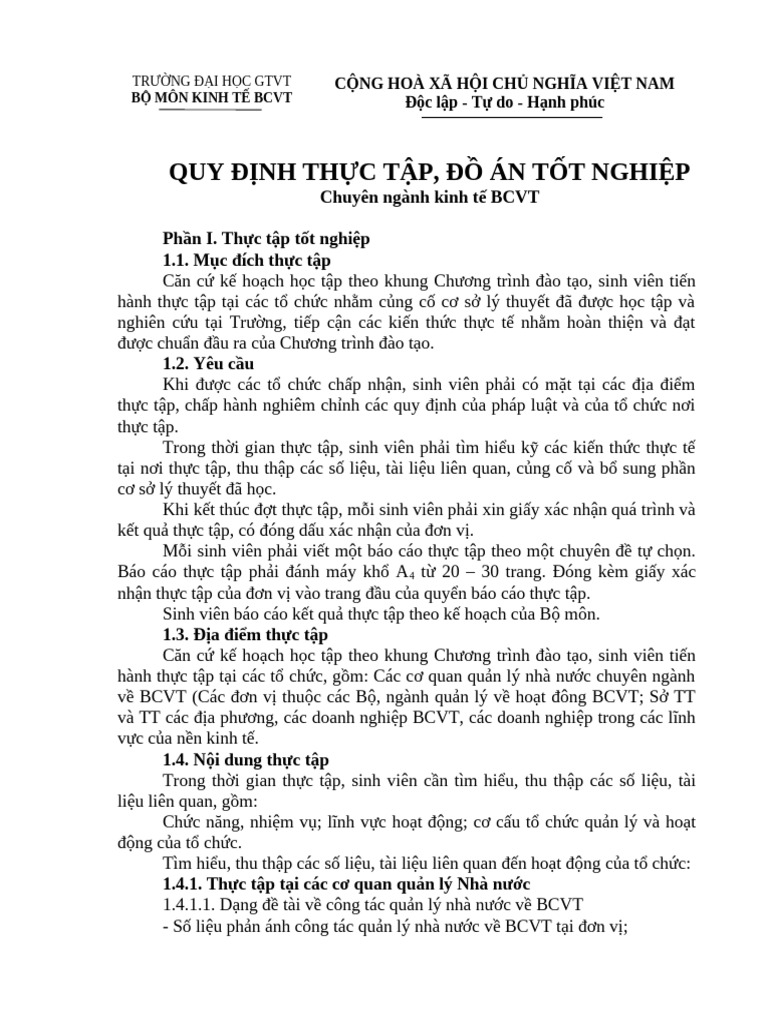Quy Dinh Thuc Tap Tot Nghiep Chuyen Nganh Kinh Te BCVT | PDF