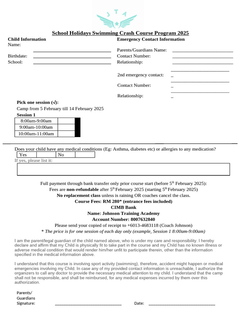 JTA School Holidays Swimming Crash Course 2025 | PDF