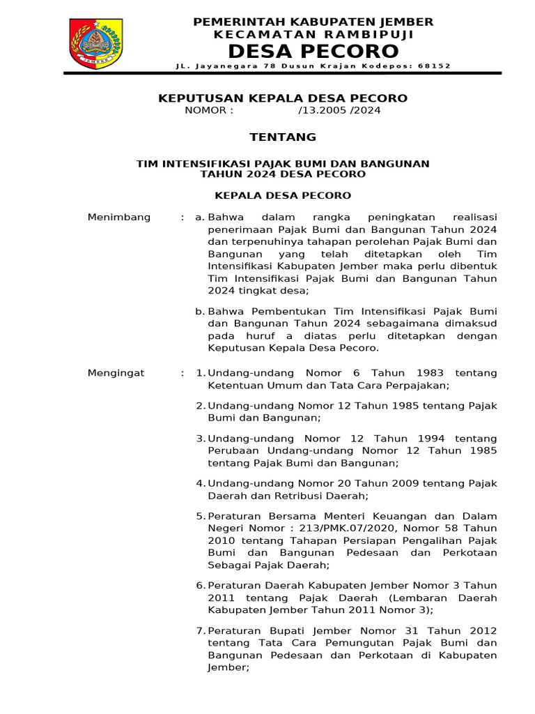 SK Tim Intensifikasi PBB Pecoro 2024 | PDF