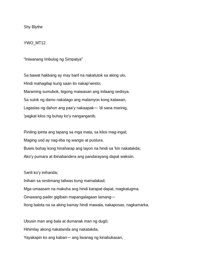 Iniwanang Imbulog NG Simpatya - Shy Blythe | PDF